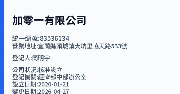加零一有限公司的照片-統編 83536134(宜蘭縣) 公司登記資料與營業項目詳細圖表