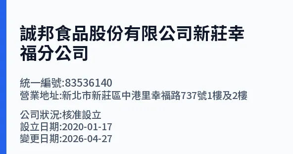誠邦食品股份有限公司新莊幸福分公司的照片-統編 83536140(新北市) 公司登記資料與營業項目詳細圖表