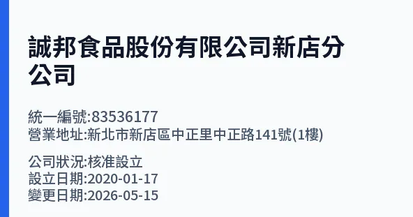 誠邦食品股份有限公司新店分公司的照片-統編 83536177(新北市) 公司登記資料與營業項目詳細圖表