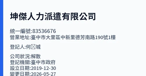 坤傑人力派遣有限公司的照片-統編 83536676(臺中市) 公司登記資料與營業項目詳細圖表
