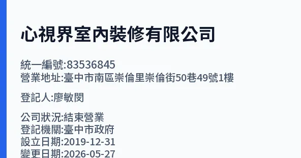 心視界室內裝修有限公司的照片-統編 83536845(臺中市) 公司登記資料與營業項目詳細圖表