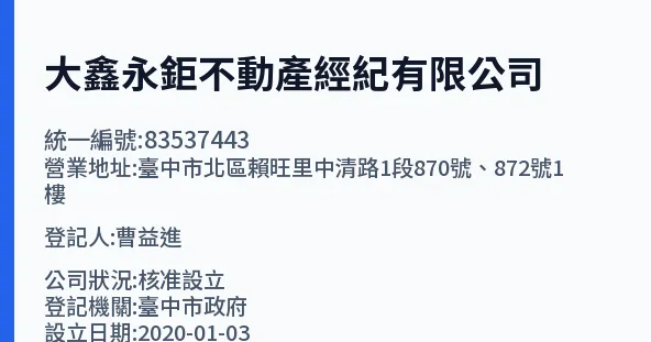 大鑫永鉅不動產經紀有限公司的照片-統編 83537443(臺中市) 公司登記資料與營業項目詳細圖表