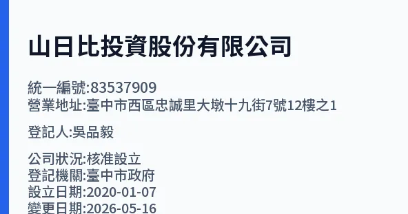 山日比投資股份有限公司的照片-統編 83537909(臺中市) 公司登記資料與營業項目詳細圖表