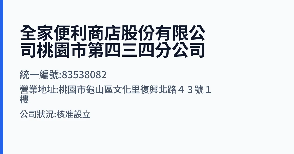 全家便利商店股份有限公司桃園市第四三四分公司 - 統編 83538082(桃園市) 公司登記資料與營業項目詳細圖表