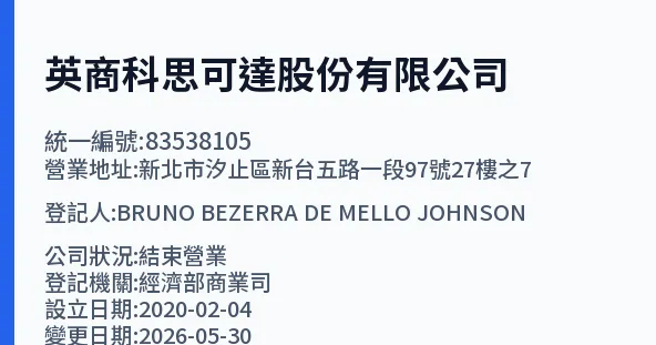 英商科思可達股份有限公司的照片-統編 83538105(新北市) 公司登記資料與營業項目詳細圖表