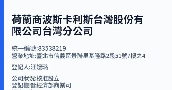 荷蘭商波斯卡利斯台灣股份有限公司台灣分公司的照片-統編 83538219(臺北市) 公司登記資料與營業項目詳細圖表