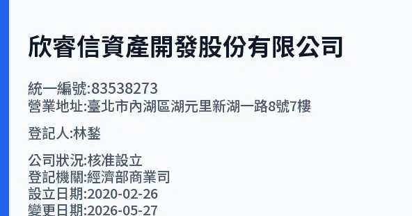 欣睿信資產開發股份有限公司的照片-統編 83538273(臺北市) 公司登記資料與營業項目詳細圖表
