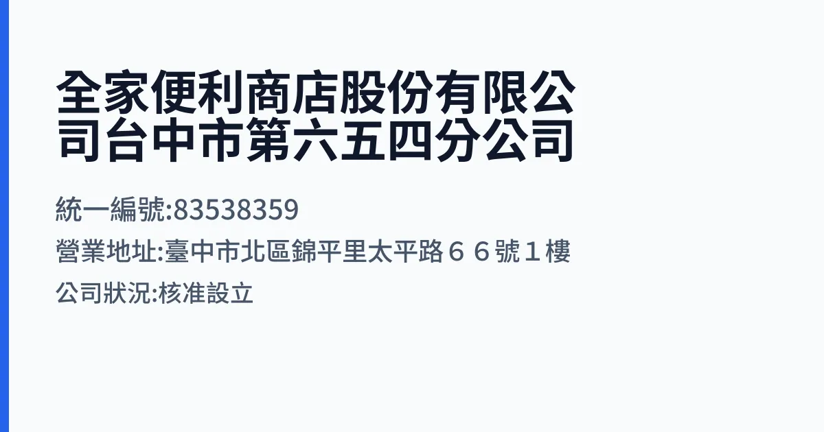 全家便利商店股份有限公司台中市第六五四分公司 - 統編 83538359(臺中市) 公司登記資料與營業項目詳細圖表