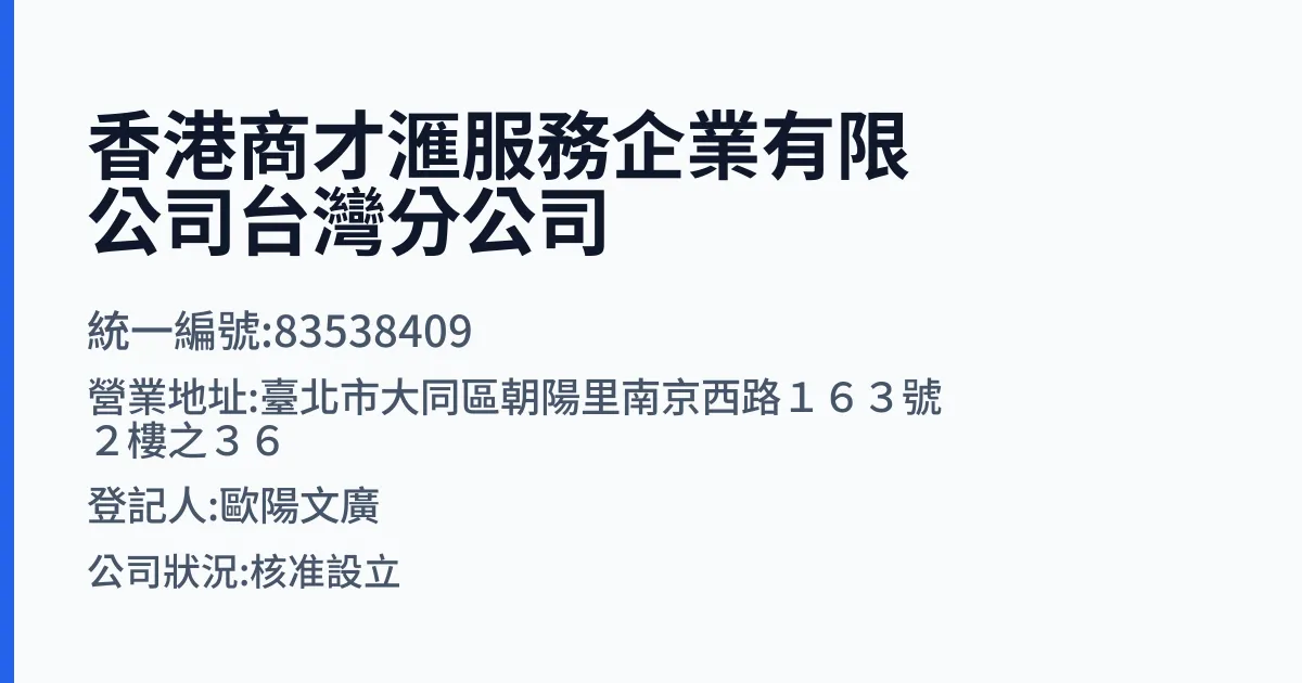 香港商才滙服務企業有限公司台灣分公司 - 統編 83538409(臺北市) 公司登記資料與營業項目詳細圖表