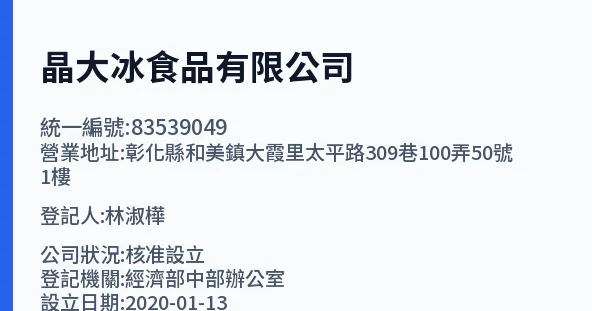 晶大冰食品有限公司的照片-統編 83539049(彰化縣) 公司登記資料與營業項目詳細圖表