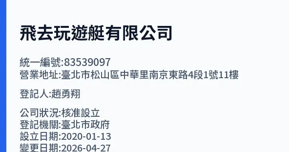 飛去玩遊艇有限公司的照片-統編 83539097(臺北市) 公司登記資料與營業項目詳細圖表