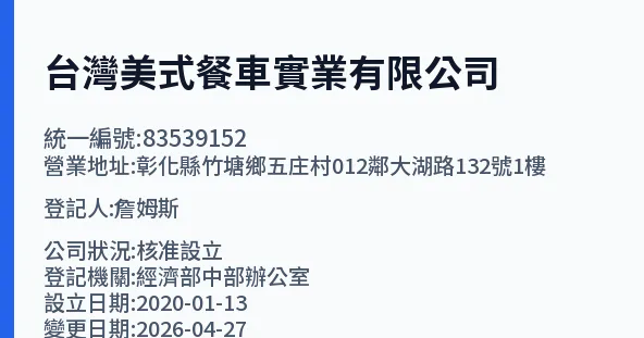 台灣美式餐車實業有限公司的照片-統編 83539152(彰化縣) 公司登記資料與營業項目詳細圖表