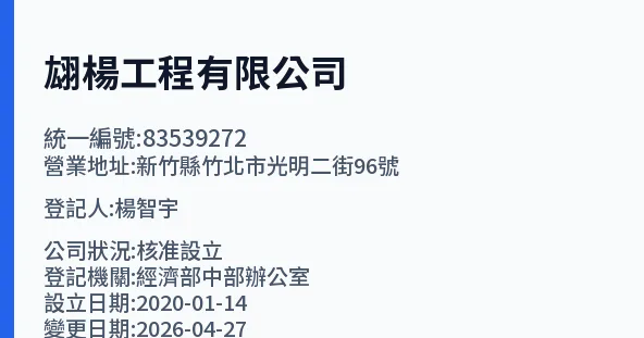 翃楊工程有限公司的照片-統編 83539272(新竹縣) 公司登記資料與營業項目詳細圖表