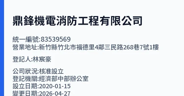 鼎鋒機電消防工程有限公司的照片-統編 83539569(新竹縣) 公司登記資料與營業項目詳細圖表
