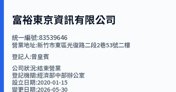 富裕東京資訊有限公司的照片-統編 83539646(新竹市) 公司登記資料與營業項目詳細圖表