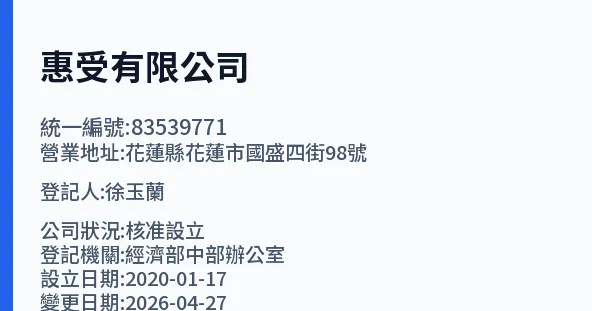 惠受有限公司的照片-統編 83539771(花蓮縣) 公司登記資料與營業項目詳細圖表