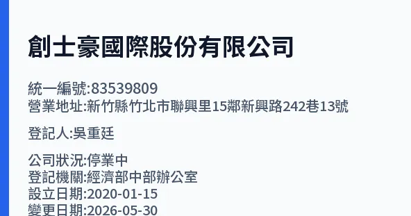 創士豪國際股份有限公司的照片-統編 83539809(新竹縣) 公司登記資料與營業項目詳細圖表