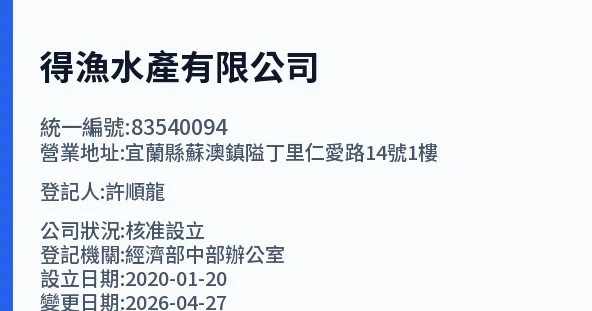 得漁水產有限公司的照片-統編 83540094(宜蘭縣) 公司登記資料與營業項目詳細圖表