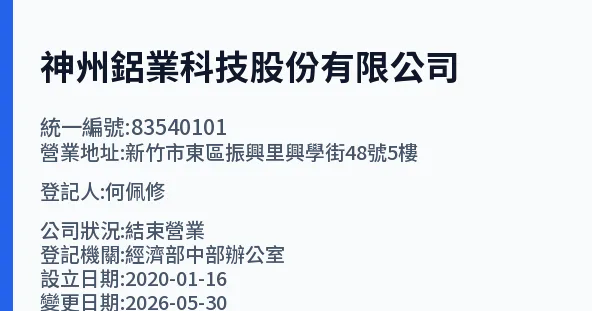 神州鋁業科技股份有限公司的照片-統編 83540101(新竹市) 公司登記資料與營業項目詳細圖表