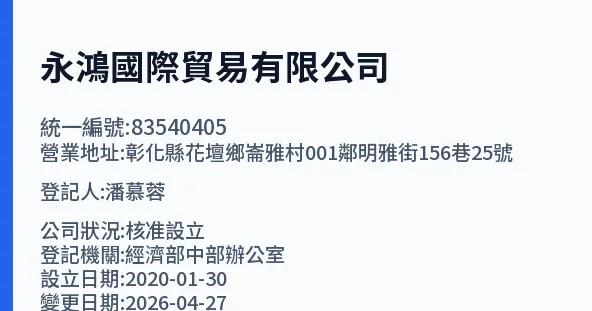 永鴻國際貿易有限公司的照片-統編 83540405(彰化縣) 公司登記資料與營業項目詳細圖表