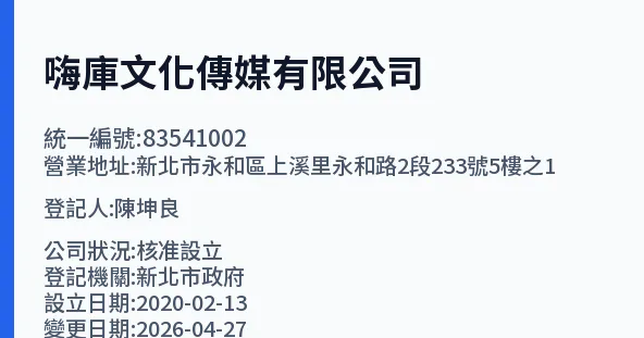 嗨庫文化傳媒有限公司的照片-統編 83541002(新北市) 公司登記資料與營業項目詳細圖表