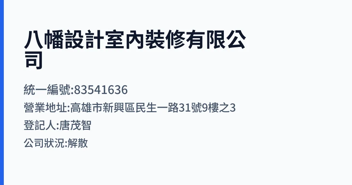 八幡設計室內裝修有限公司 - 統編 83541636(高雄市) 公司登記資料與營業項目詳細圖表