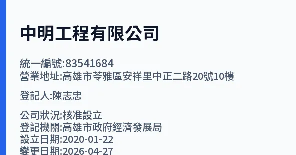 中明工程有限公司的照片-統編 83541684(高雄市) 公司登記資料與營業項目詳細圖表