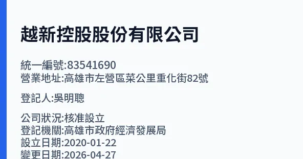 越新控股股份有限公司的照片-統編 83541690(高雄市) 公司登記資料與營業項目詳細圖表