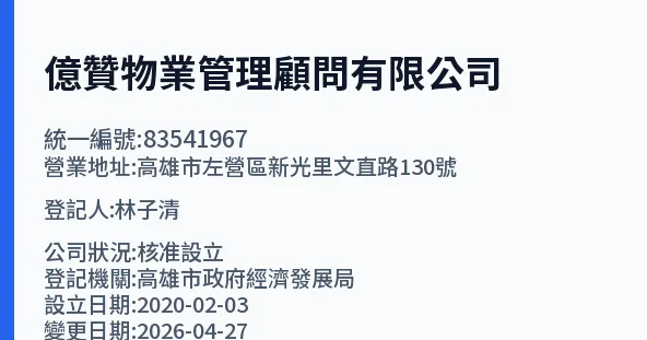 億贊物業管理顧問有限公司的照片-統編 83541967(高雄市) 公司登記資料與營業項目詳細圖表