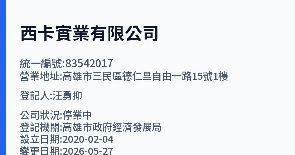 西卡實業有限公司的照片-統編 83542017(高雄市) 公司登記資料與營業項目詳細圖表