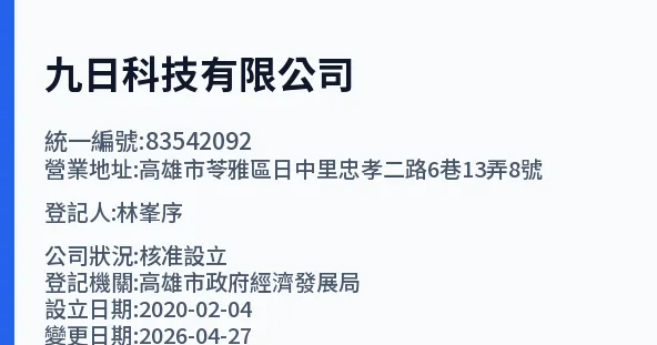 九日科技有限公司的照片-統編 83542092(高雄市) 公司登記資料與營業項目詳細圖表