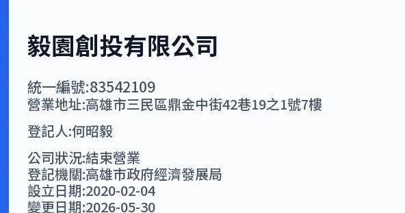 毅園創投有限公司的照片-統編 83542109(高雄市) 公司登記資料與營業項目詳細圖表