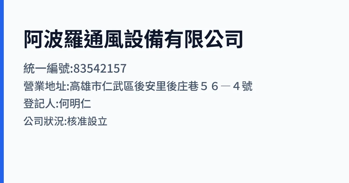 阿波羅通風設備有限公司 - 統編 83542157(高雄市) 公司登記資料與營業項目詳細圖表