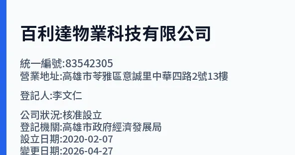 百利達物業科技有限公司的照片-統編 83542305(高雄市) 公司登記資料與營業項目詳細圖表