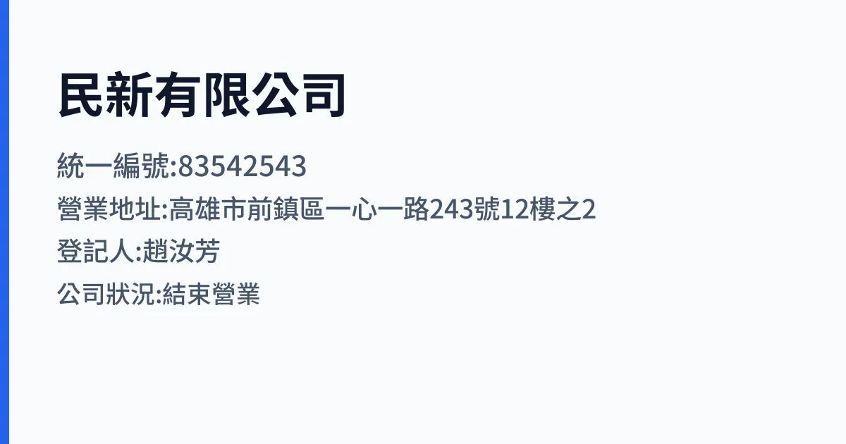 民新有限公司 - 統編 83542543(高雄市) 公司登記資料與營業項目詳細圖表