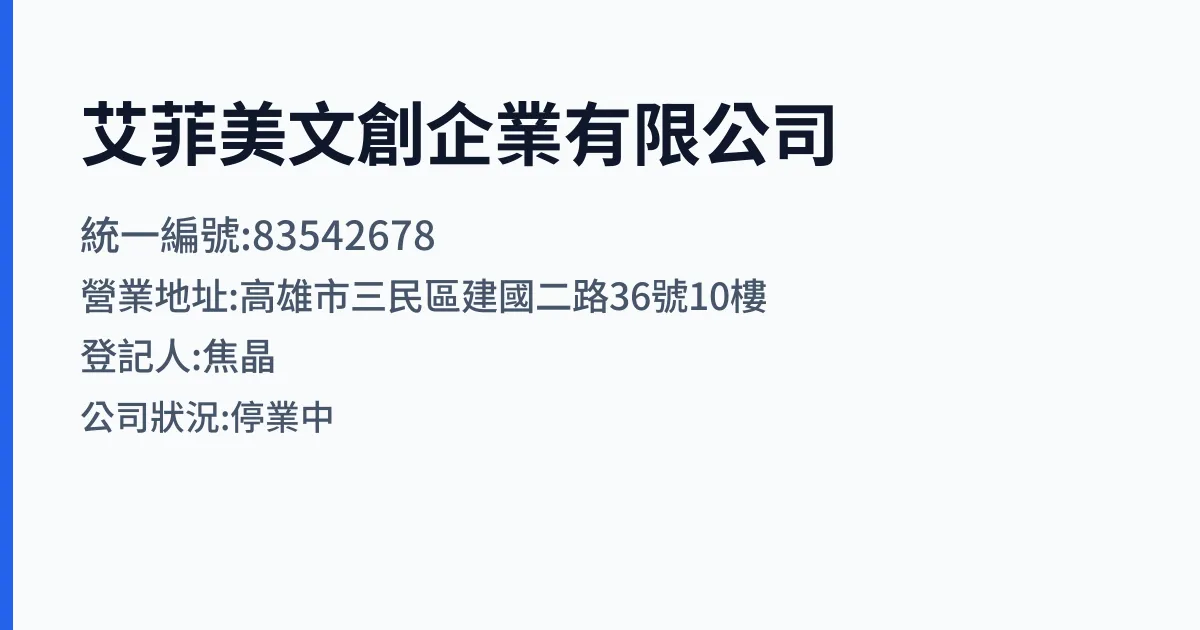 艾菲美文創企業有限公司 - 統編 83542678(高雄市) 公司登記資料與營業項目詳細圖表