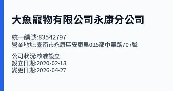 大魚寵物有限公司永康分公司的照片-統編 83542797(臺南市) 公司登記資料與營業項目詳細圖表