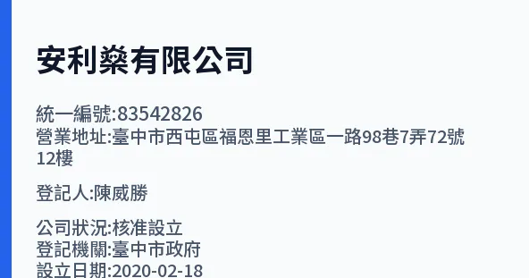 安利燊有限公司的照片-統編 83542826(臺中市) 公司登記資料與營業項目詳細圖表