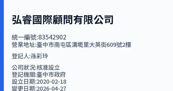弘睿國際顧問有限公司的照片-統編 83542902(臺中市) 公司登記資料與營業項目詳細圖表