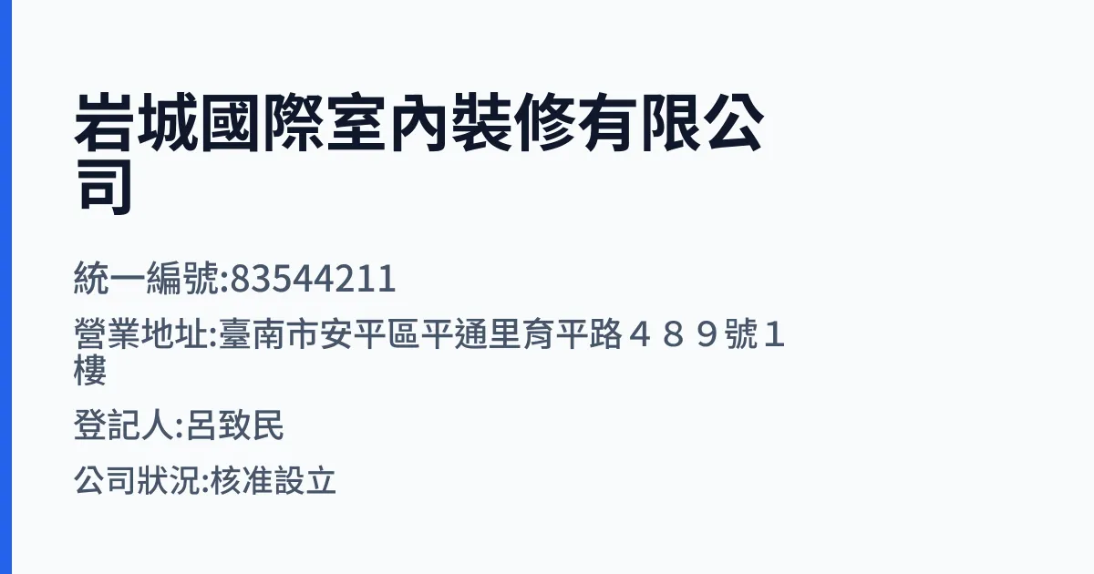 岩城國際室內裝修有限公司 - 統編 83544211(臺南市) 公司登記資料與營業項目詳細圖表