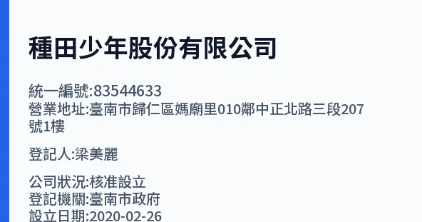 種田少年股份有限公司的照片-統編 83544633(臺南市) 公司登記資料與營業項目詳細圖表
