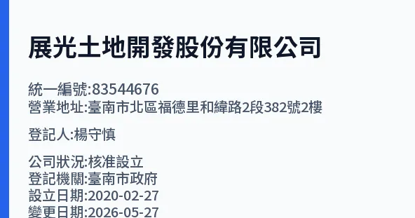 展光土地開發股份有限公司的照片-統編 83544676(臺南市) 公司登記資料與營業項目詳細圖表