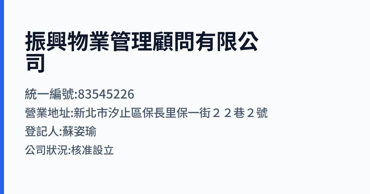 振興物業管理顧問有限公司 - 統編 83545226(新北市) 公司登記資料與營業項目詳細圖表