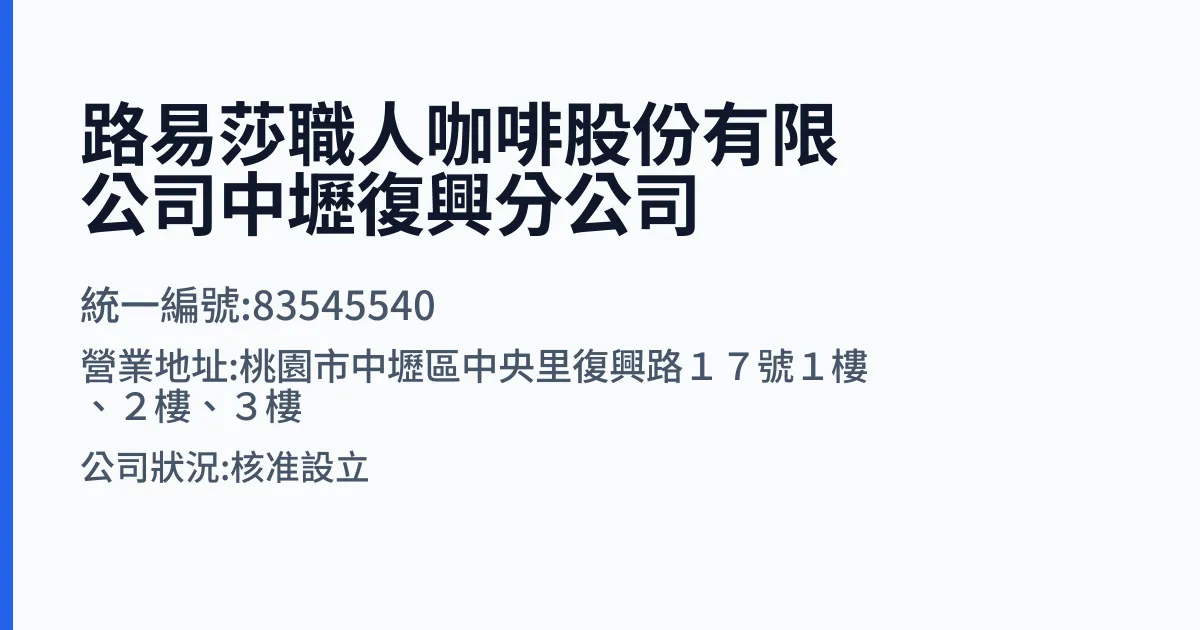 路易莎職人咖啡股份有限公司中壢復興分公司 - 統編 83545540(桃園市) 公司登記資料與營業項目詳細圖表