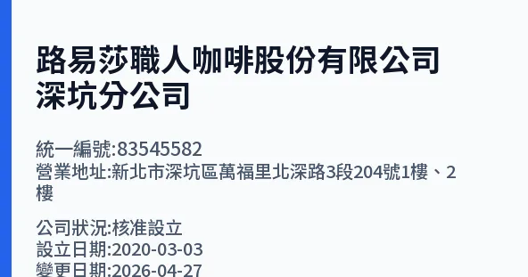 路易莎職人咖啡股份有限公司深坑分公司的照片-統編 83545582(新北市) 公司登記資料與營業項目詳細圖表