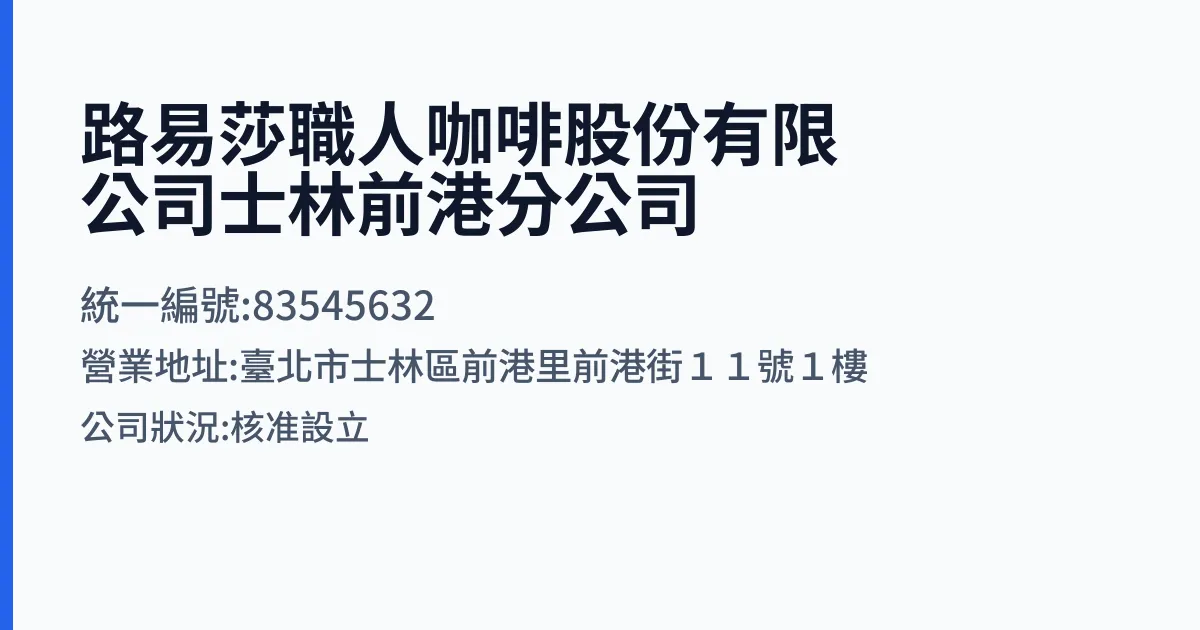 路易莎職人咖啡股份有限公司士林前港分公司 - 統編 83545632(臺北市) 公司登記資料與營業項目詳細圖表