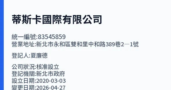 蒂斯卡國際有限公司的照片-統編 83545859(新北市) 公司登記資料與營業項目詳細圖表