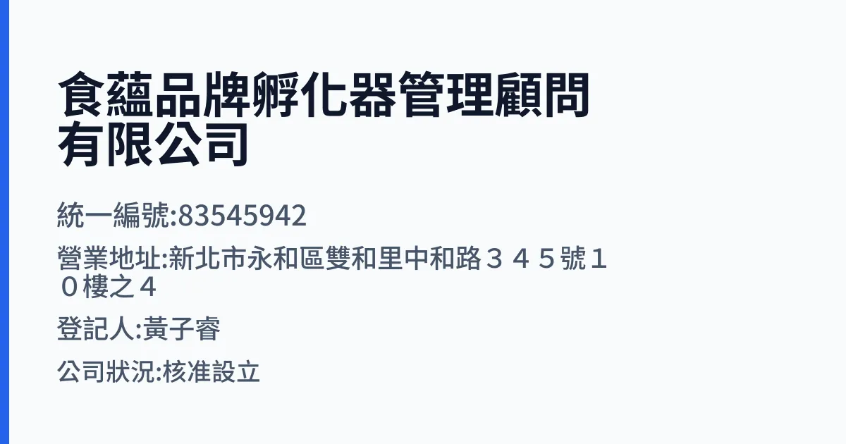 食蘊品牌孵化器管理顧問有限公司 - 統編 83545942(新北市) 公司登記資料與營業項目詳細圖表