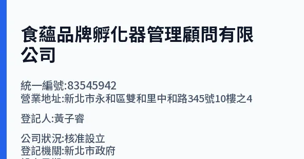 食蘊品牌孵化器管理顧問有限公司的照片-統編 83545942(新北市) 公司登記資料與營業項目詳細圖表