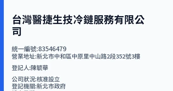 台灣醫捷生技冷鏈服務有限公司的照片-統編 83546479(新北市) 公司登記資料與營業項目詳細圖表